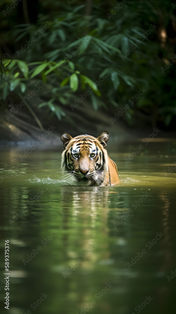 Graceful Malayan Tiger Swimming in a Jungle River Amidst Lush Greenery ...