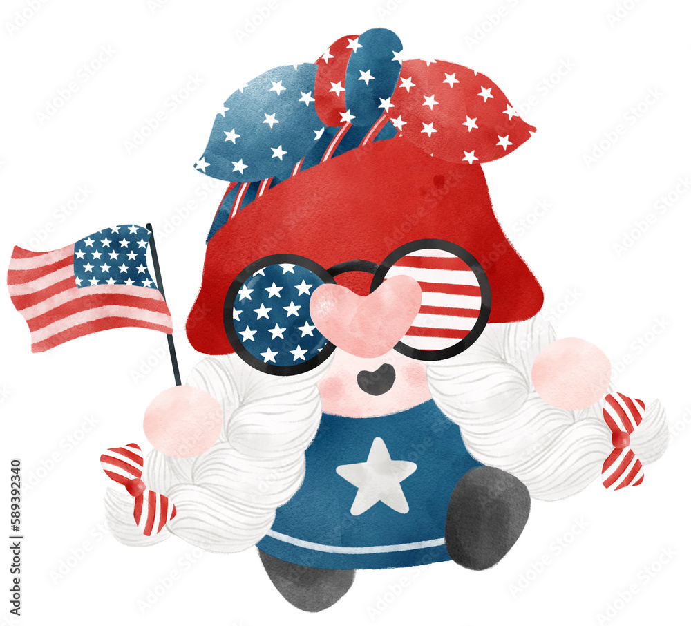 cute festive fun 4th of July Gnome watercolour celebrating America ...