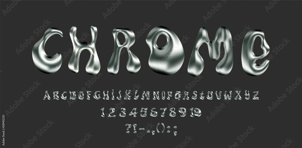 Y2K chrome font. Liquid metal 3d alphabet, Aesthetic techno letter ...