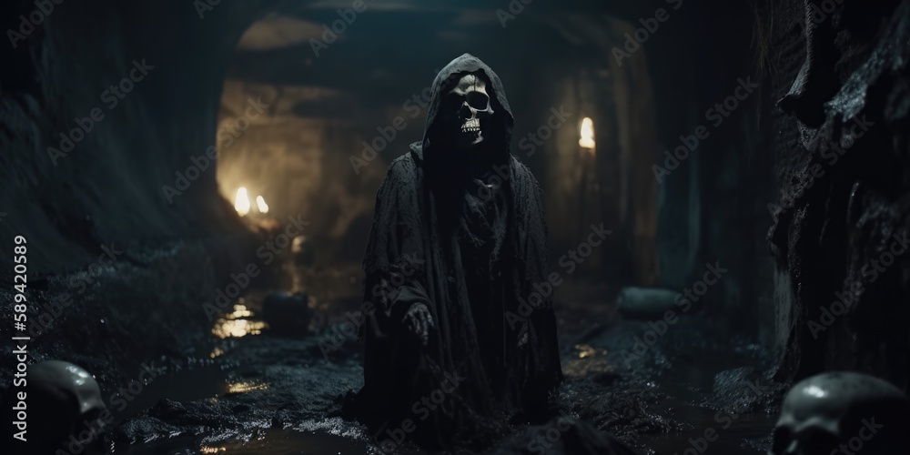 Stock-Illustration „Death cult member wearing a horrific skull mask ...
