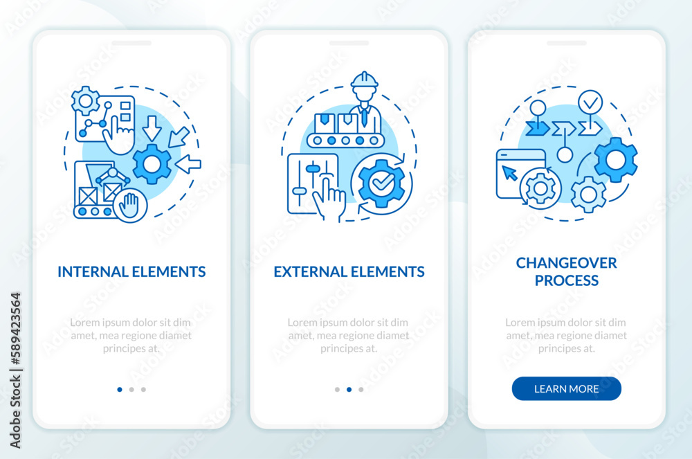 SMED concepts blue onboarding mobile app screen. Quick changeover ...