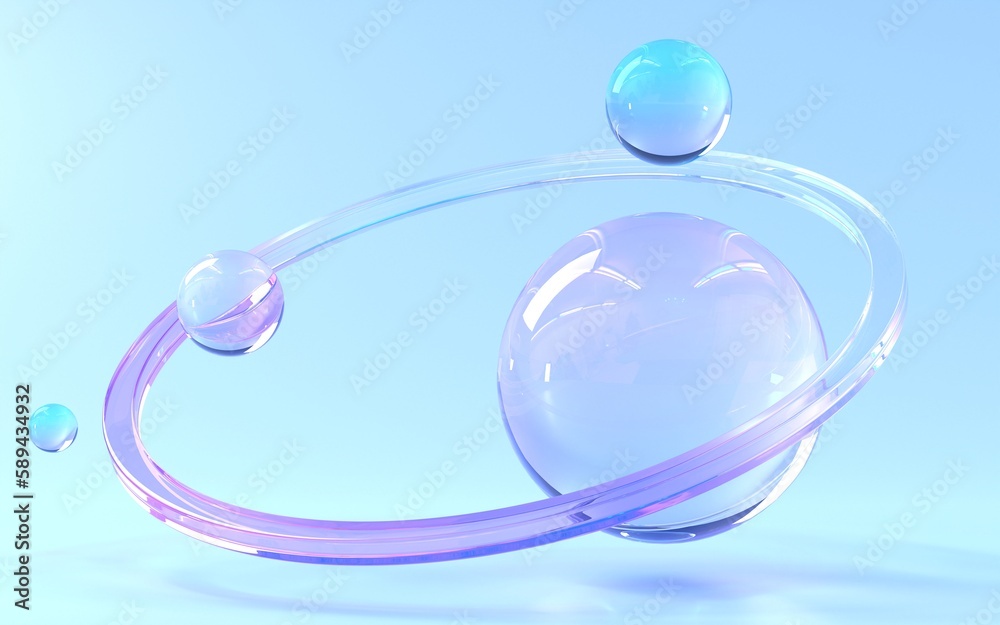 Iridescent crystal spheres with ring 3d render. Glass futuristic planet ...