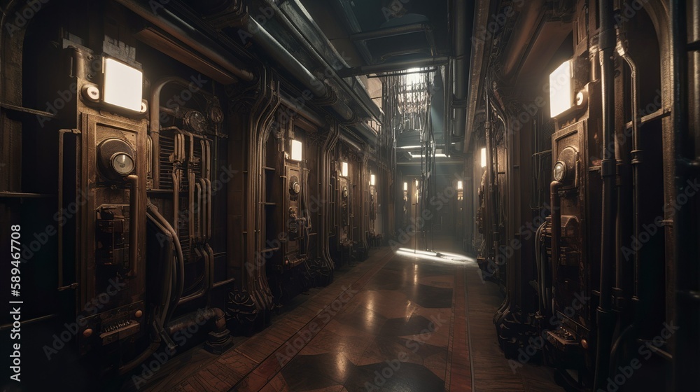 Dark sci-fi corridors in huge futuristic space station interior corners ...