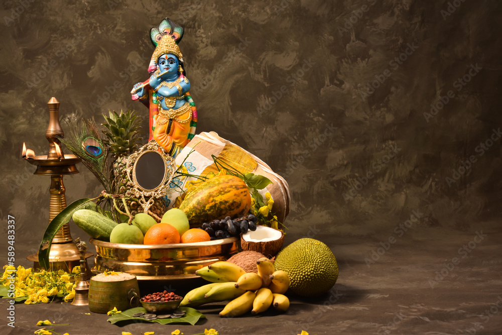 Stock-Foto „ Vishu background with a beautiful Vishu kani, Konna poovu Selective focus“ | Adobe ...