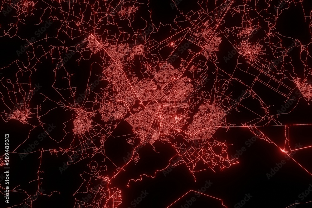 Street map of Gaborone (Botswana) made with red illumination and glow ...