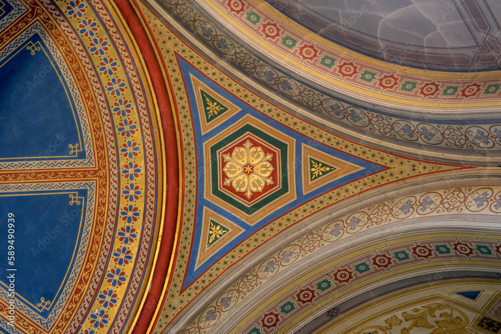 Monumental church building in Gothic in neo-romanesque arch style with ...