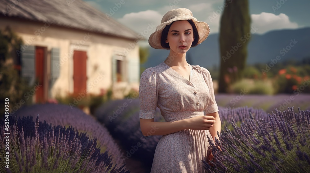 Beautiful young woman wearing dress and hat on provence outdoor ...