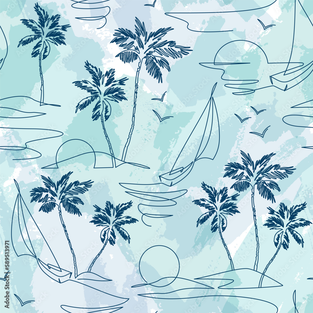 One line drawing tropical oasis island seamless pattern. Stock Vector ...
