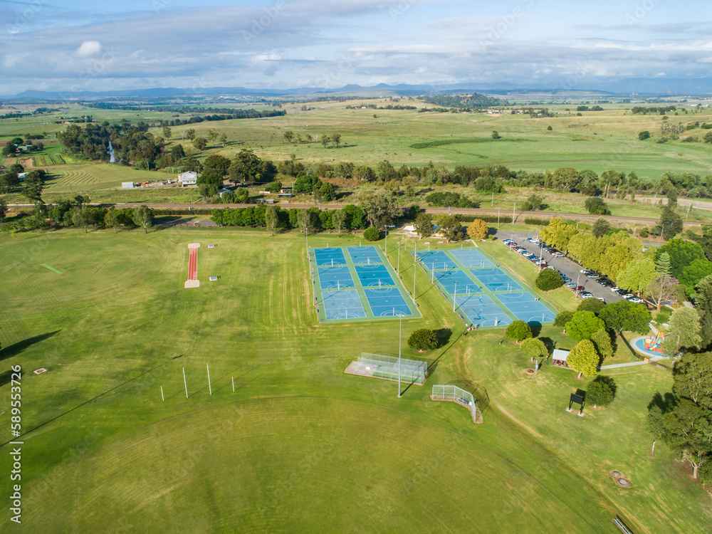 Aerial view of long jump track and pit at Cook Park beside netball ...