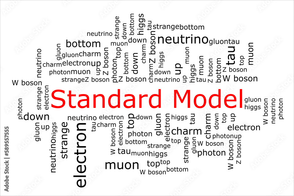 Tagcloud made of elementary particles around the big red title Standard ...