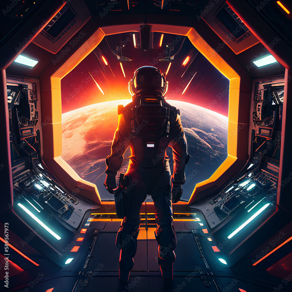 Space Ace Commander Looking Down from the Bridge of His Ship in the ...