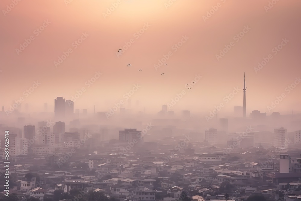 Panoramic landscape view of Bangkok city and skyscape that showing smog ...