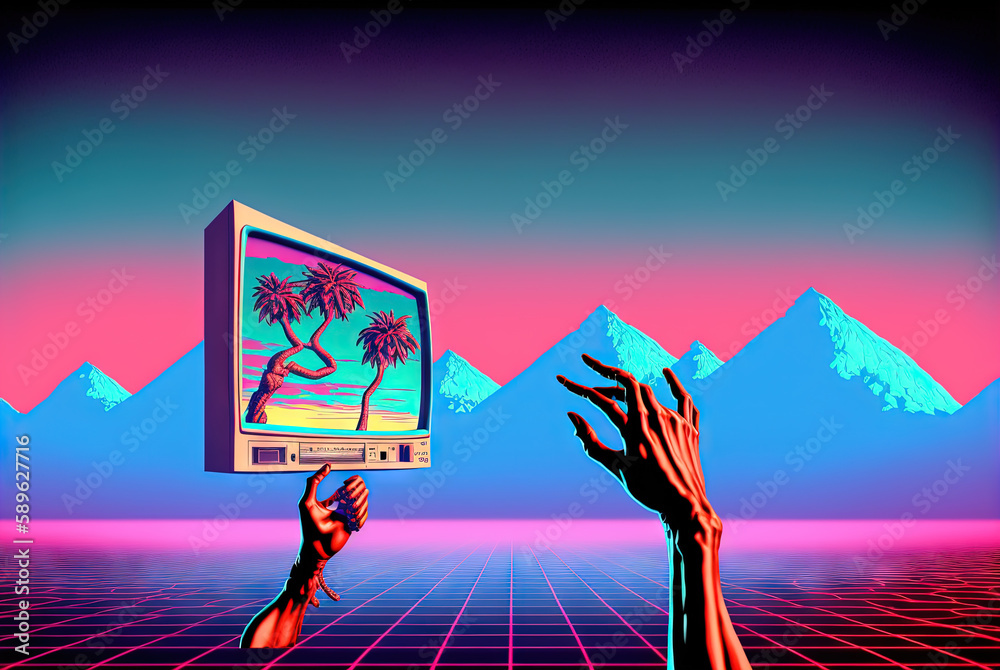 Surreal vaporwave composition with old computer and distorted hands ...