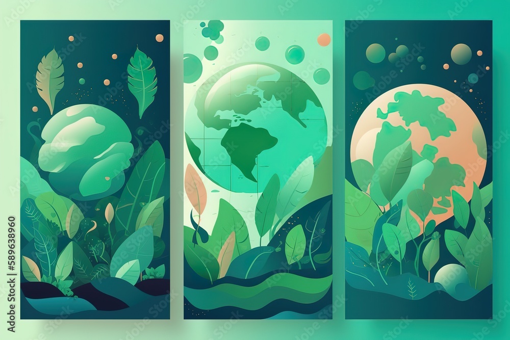 Set of Earth Day posters with green backgrounds, liquid shapes, leaves ...