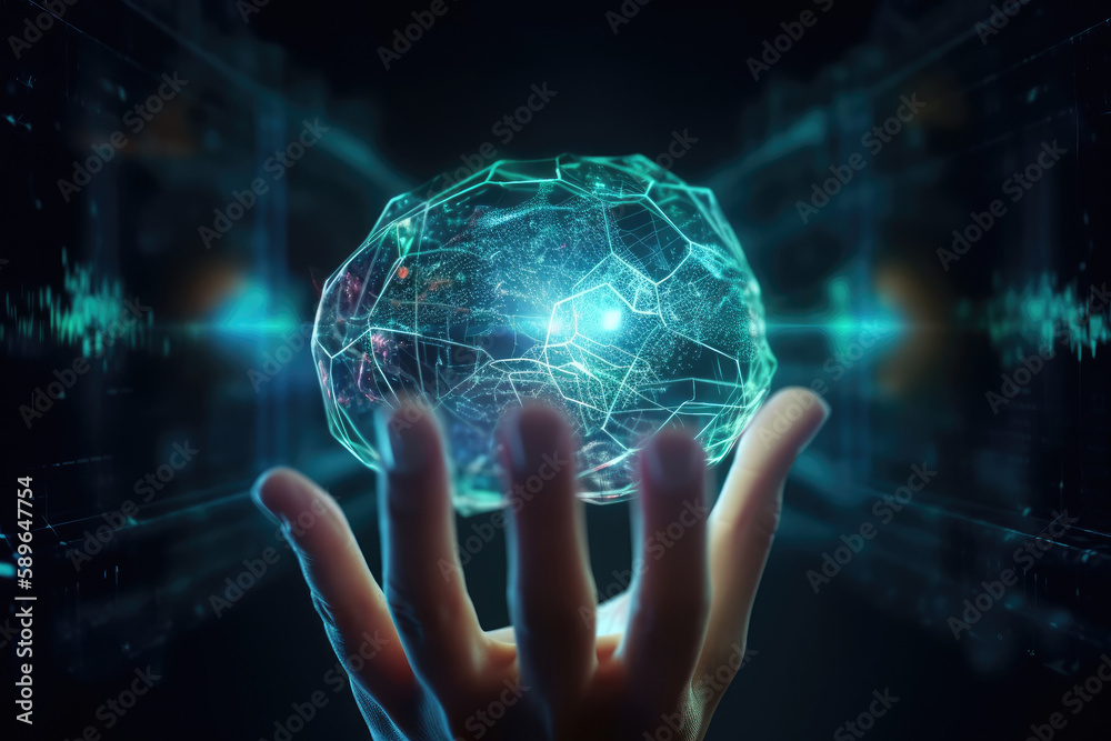 Hand touching digital neural network. Communication with artificial ...