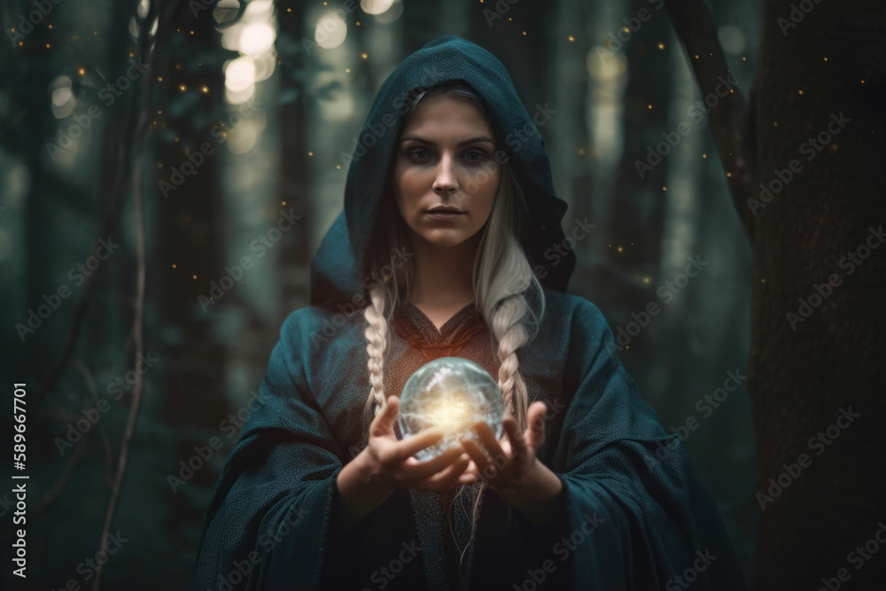 Mystical sorceress with magical powers, holding a glowing orb in her ...