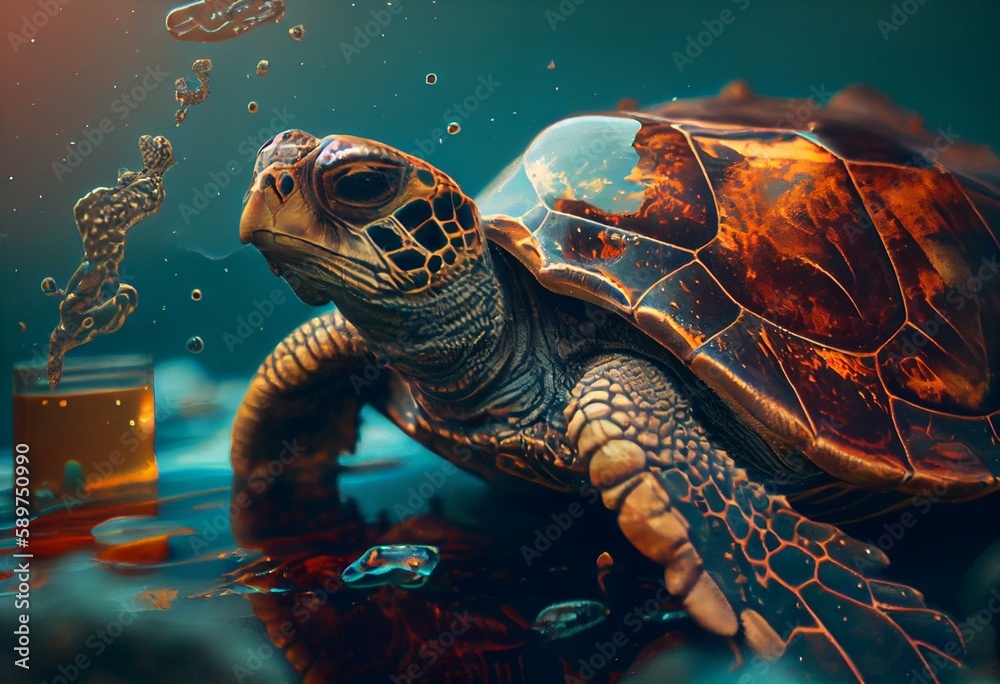 Concept Pollution nature water from oil spill. Sea turtle covered in ...