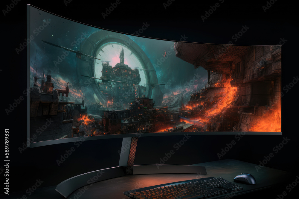Curved Monitor With Vibrant And Colorful Gaming Scene On The Screen ...
