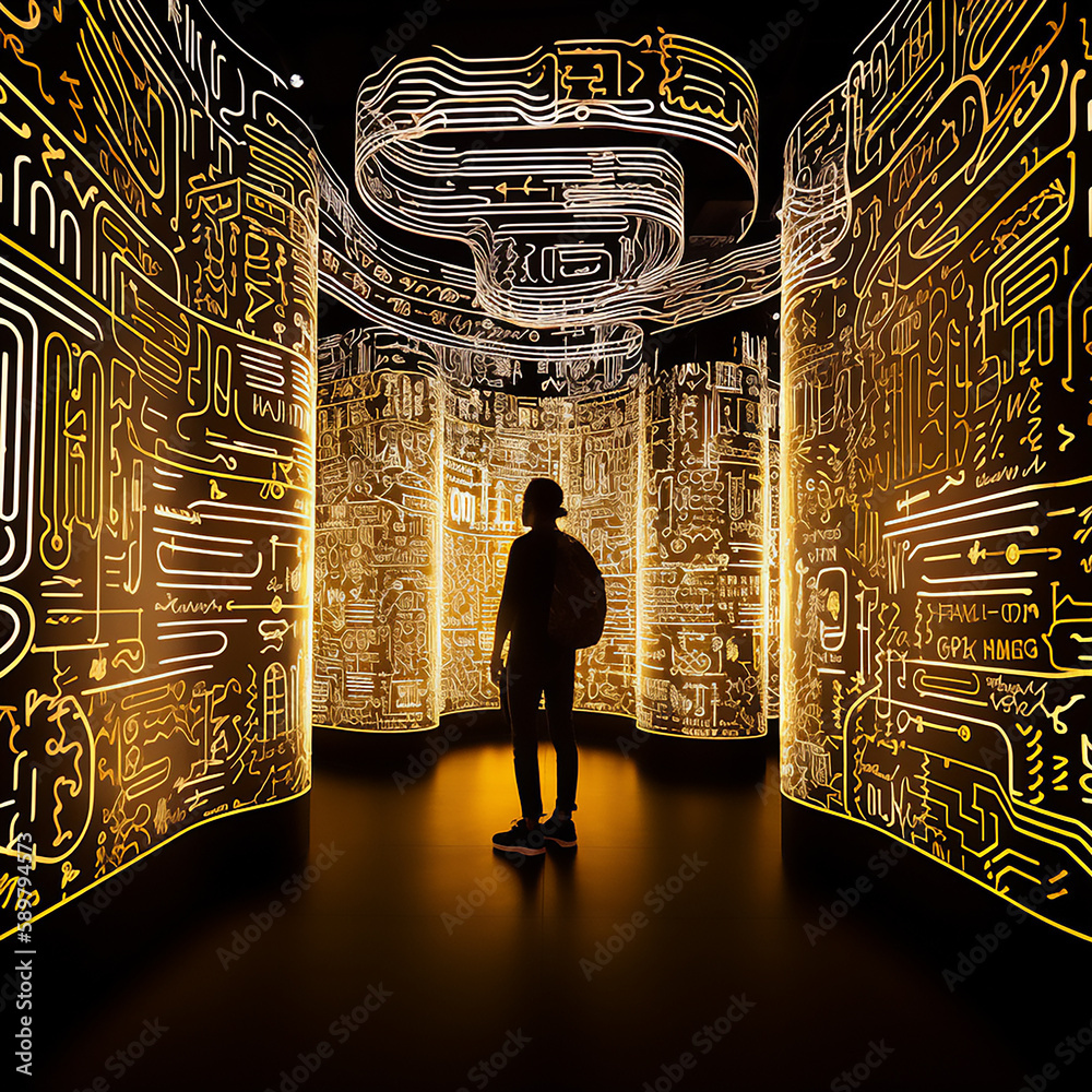 interior design of futuristic gallery with neon lights on the wall ...