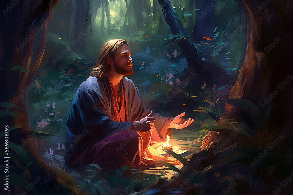 Jesus Praying in Gethsemane Surrounded by Candles and Foliage ...