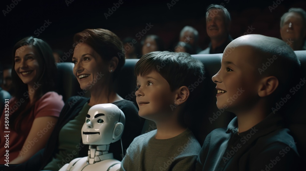 Two happy young boys, their mother, and humanoid robot enjoy watching a ...