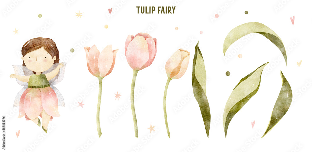 Tulip flower watercolor illustration. Cute fairy clip art. Nursery kid ...