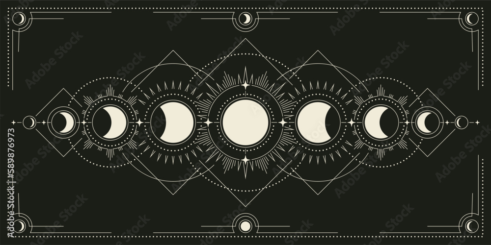 Mystical astrology poster with moon phases. Banner with magical stages ...