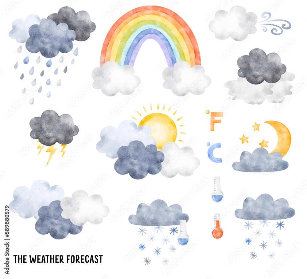 Weather watercolor collection for children. Rainbow, clouds, rainy days ...