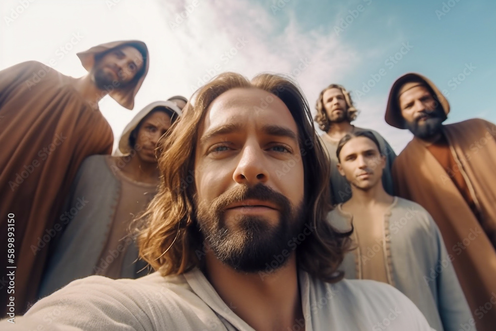 Jesus Christ with his disciples in the background, takes a selfie - ai ...