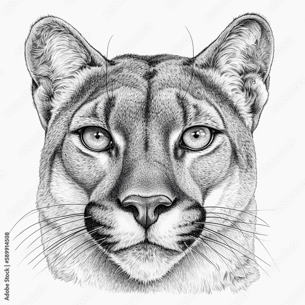 Graphic portrait of puma, pencil illustration on white background for T ...