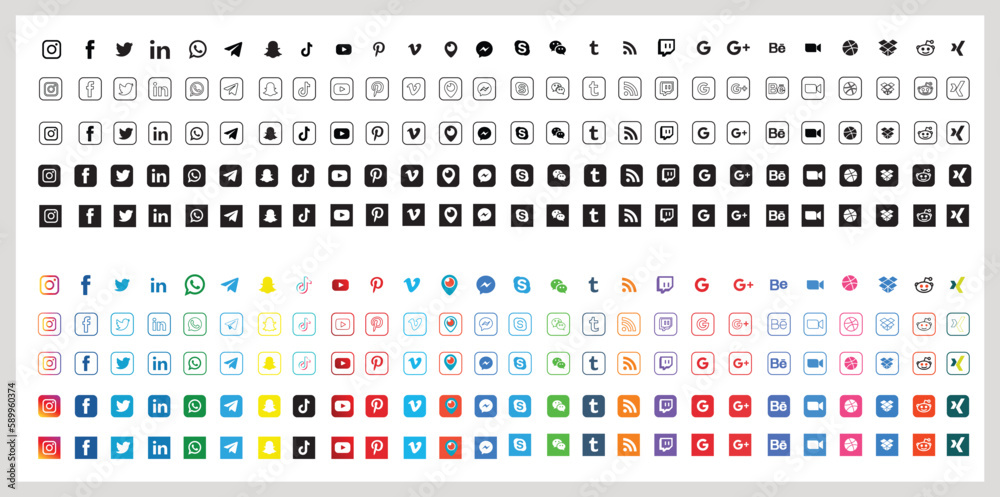 Sets of social media icons with rounded corners design on transparent background. Vector ...