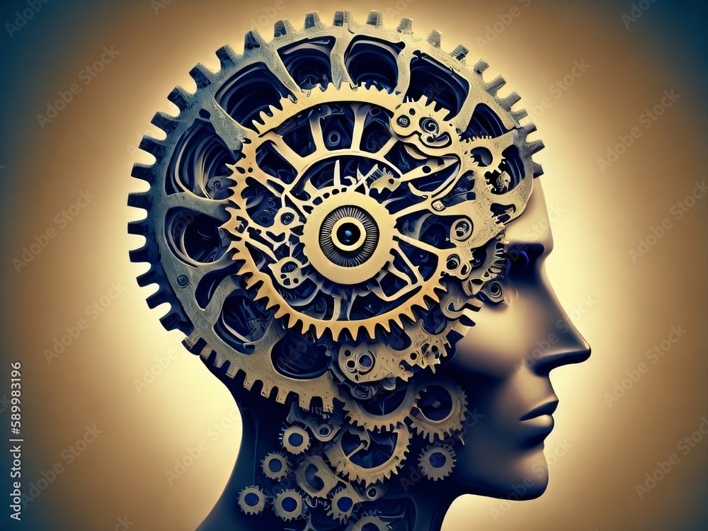 Accumulation of gears in the human head. Abstract elements as a metaphor on the subject of ...