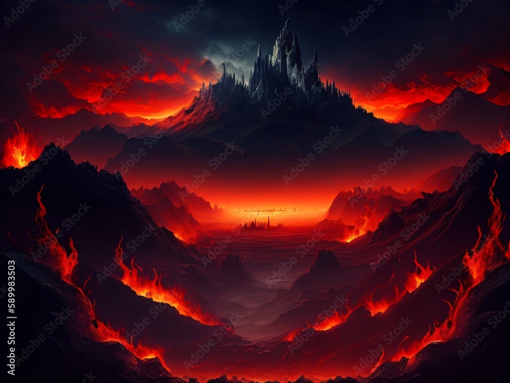 Underground hell landscape. Digital illustration of fantasy environment background in hell ...