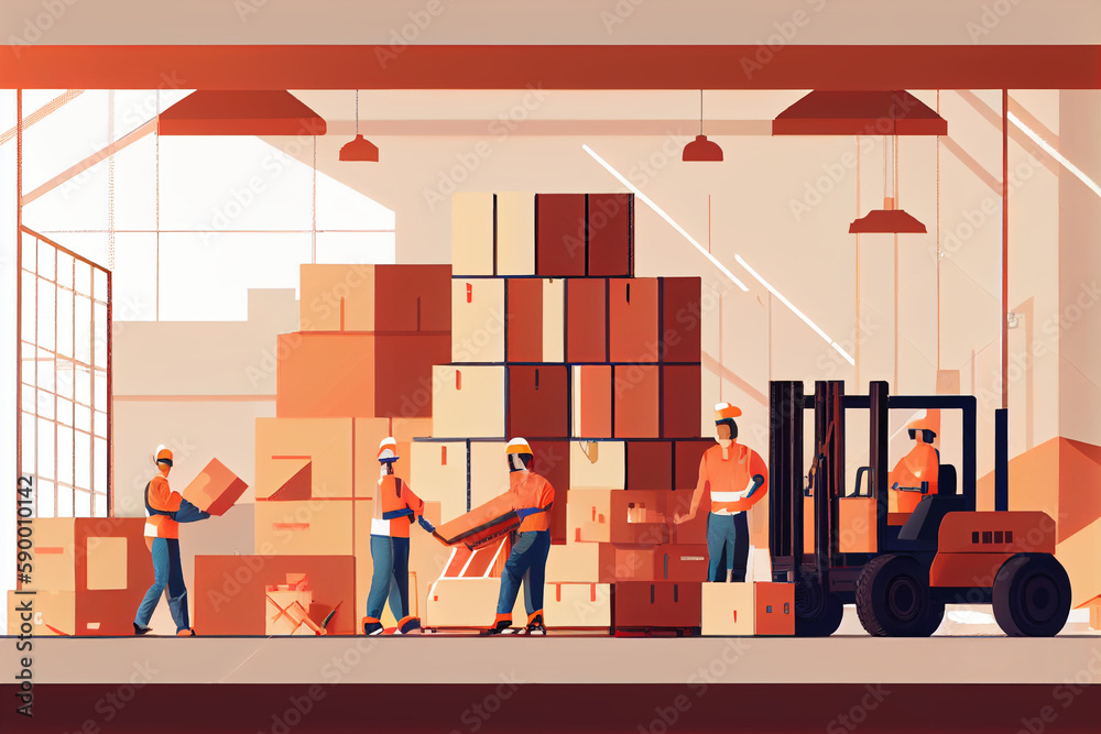 Loading and unloading goods and boxes in the warehouse. A forklift and ...