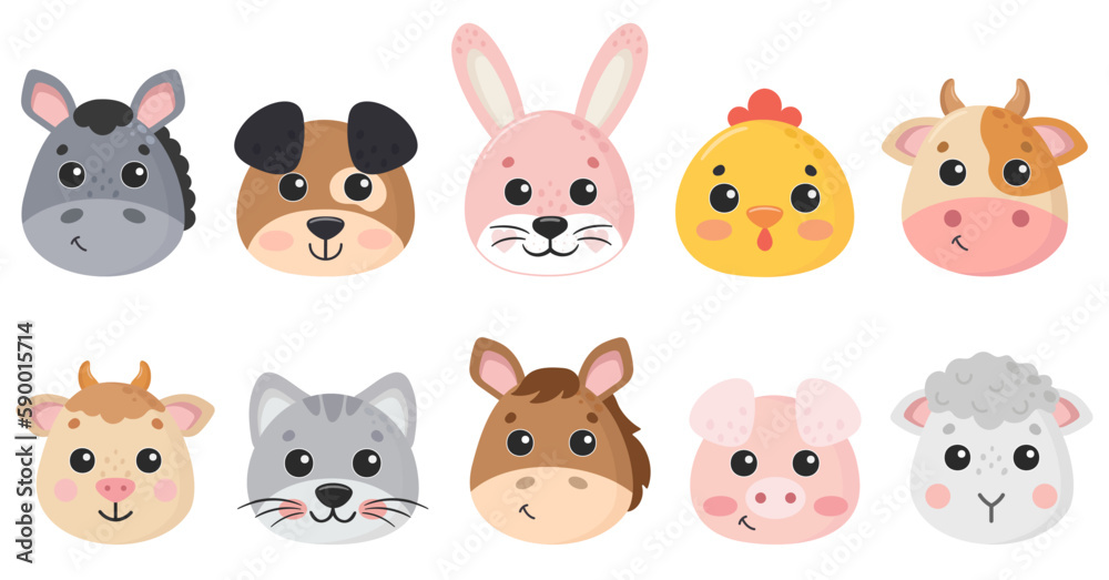 Farm animals face set isolated on white background. Cute cartoon ...