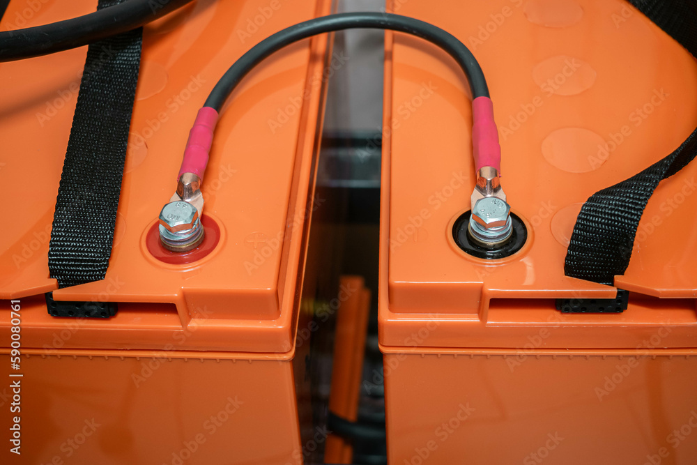 Two large batteries are connected in series with each other. Stock ...