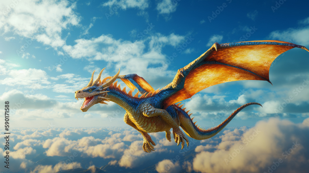 Majestatic gold dragon on a blue sky with clouds, flying gold dragon ...