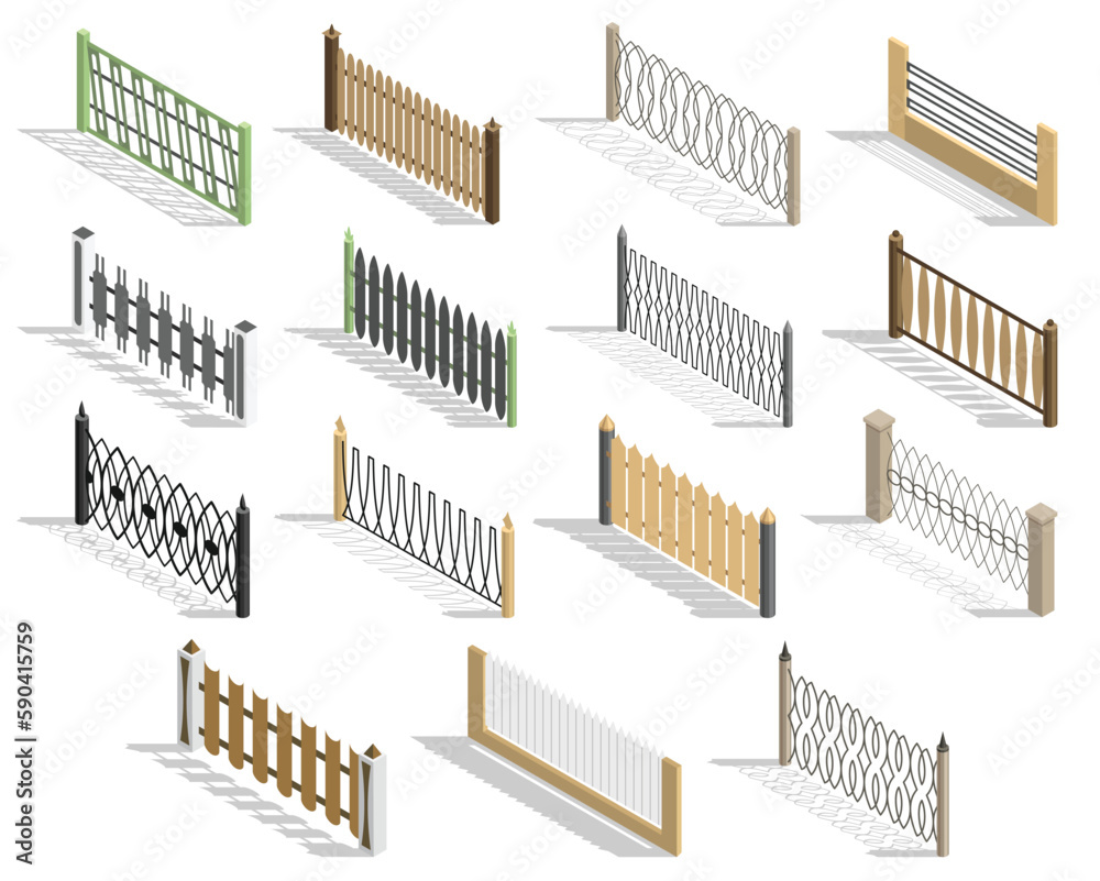 Isometric fences icon set. Urban real estate boundary elements. Spans ...