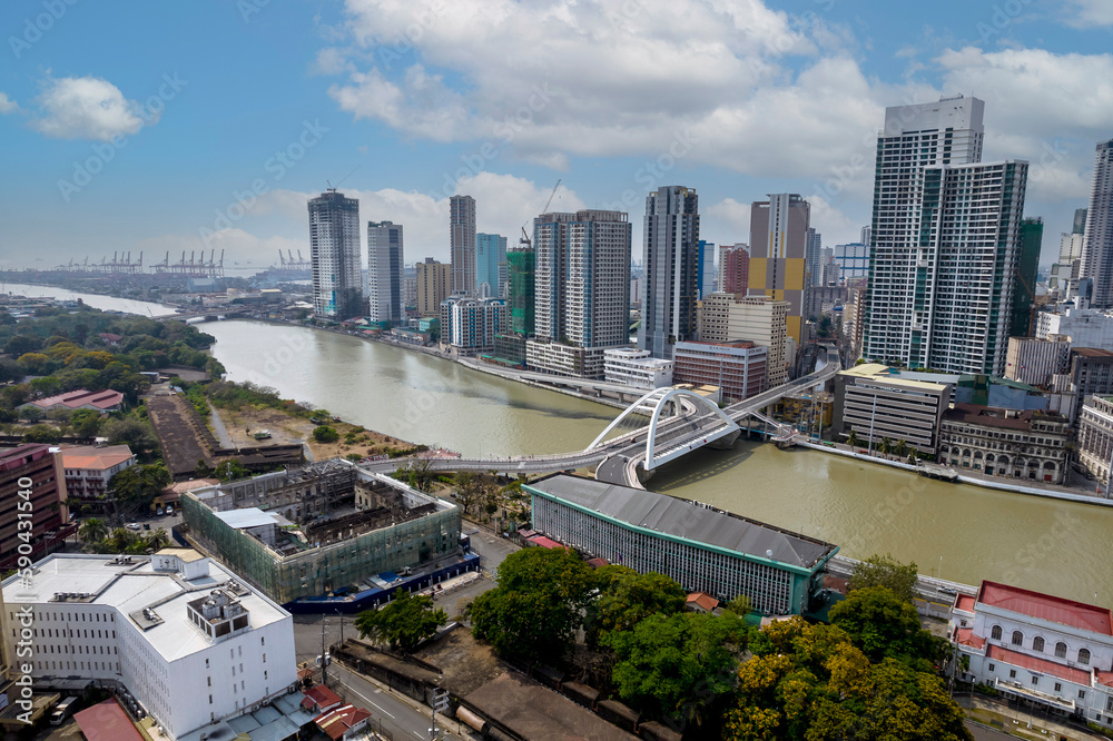 Manila, Philippines - Aerial of the Binondo skyline and the Pasig river ...