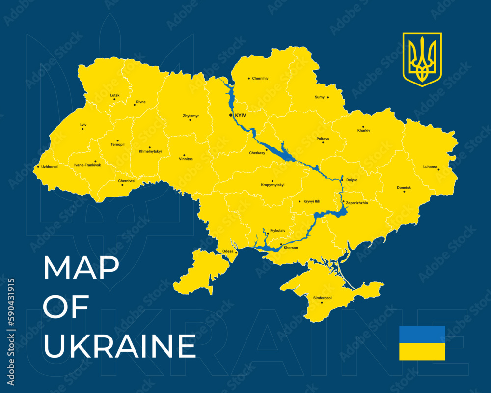 Map of Ukraine. Ukrainian national symbols. Flag, map and trident Stock ...