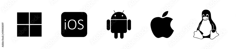 Windows; iOS; Android; Apple; Linux - Operating system logos. Silhouette, black. Vector icons ...