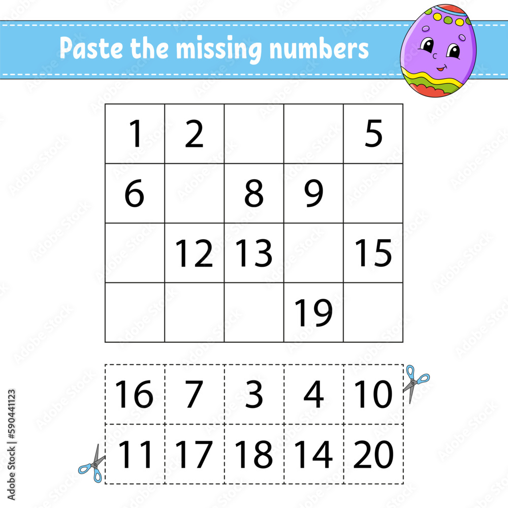 Paste the missing numbers 1-20. Game for children. Handwriting practice ...