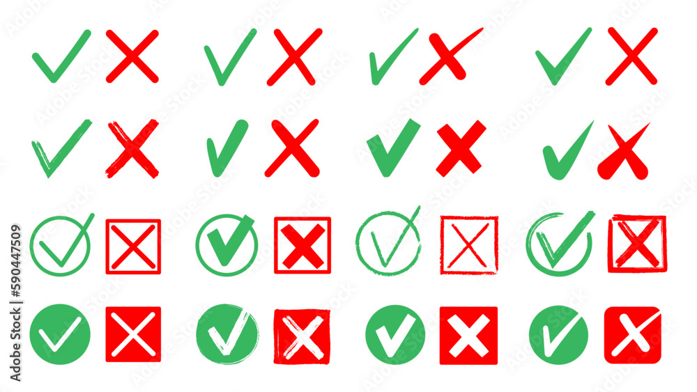 Green and red check marks. Cross and tick elements check list, yes or ...