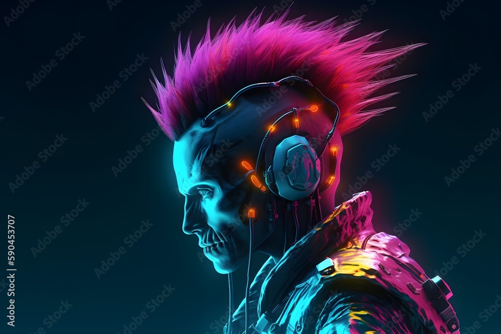 Illustration Stock Retrowave cyberpunk cyborg robot criminal hacker. 3D ...