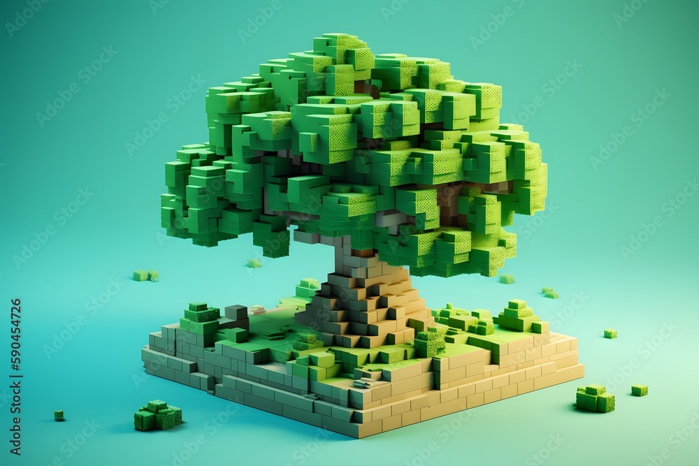 3d illustration render of cubic tree with green leaves and background ...