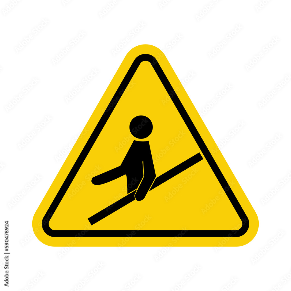 Railing sign. Warning sign use railing. Yellow triangle sign with icon ...