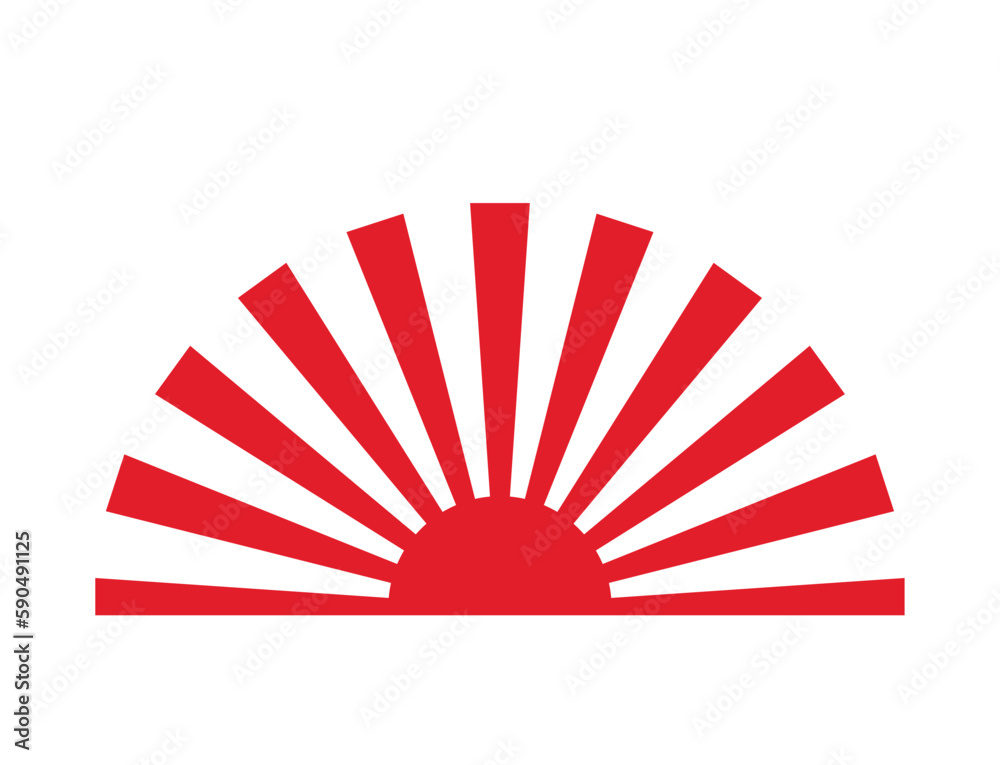 Japanese red rising sun symbol isolated on a white background, flat ...