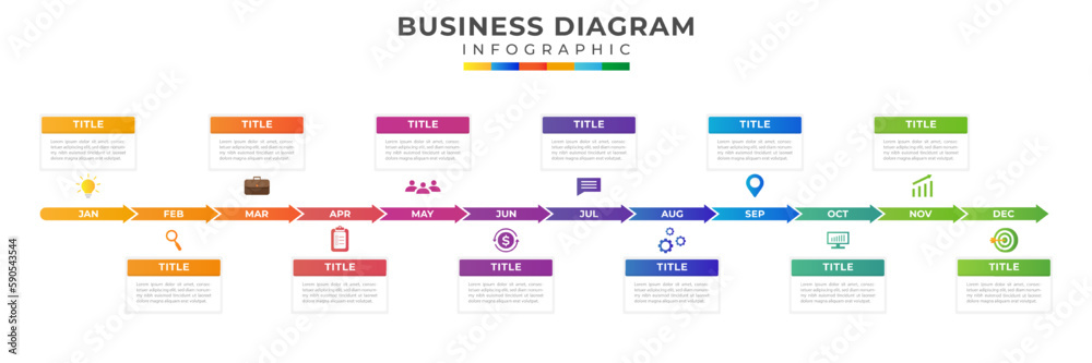 12 Months Timeline diagram calendar with modern icons, presentation ...