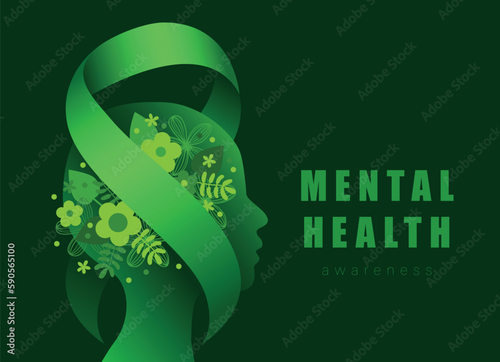 Mental Health Awareness Month vector illustration with green ribbon and ...