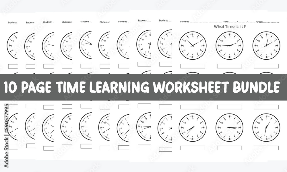 10 page Time clock's Learning Worksheet template designs Stock Vector ...